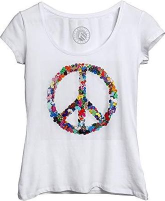 Fabulous T-Shirt Femme Col Echancré Signe Paix Coeurs Hippie Psychedelique 70s Couleurs
