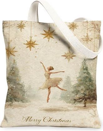 Generic Sacs fourre-tout en toile avec &eacute;toiles de No&euml;l, motif ballet, sacs r&eacute;utilisables, l&eacute;gers et lavables avec bandouli&egrave;re en toile pour voyage, beige, 13x