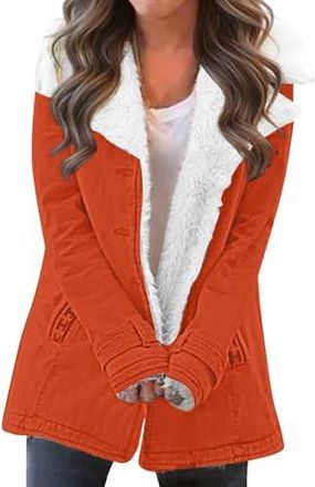 Generic Veste dhiver chaude en polaire Sherpa doubl&eacute;e de grande taille avec revers boutonn&eacute;, manteau dext&eacute;rieur en composite tendance pour femme, Orange, XXL