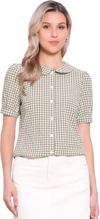 Allegra K Chemisier à Carreaux pour Femme à Manches Courtes et col Claudine Marron Clair et Blanc XL