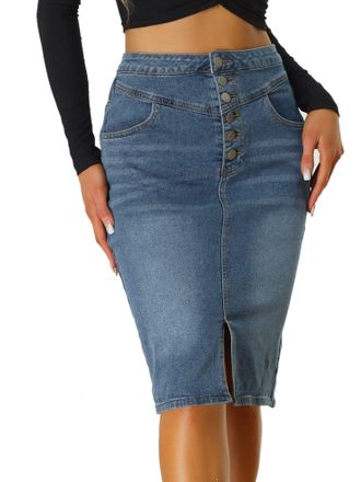 Allegra K Damen L&auml;ssig Jeansrock Hoher Taille A-Linie Schlitz Stretch Denim Minirock Rock Blau XS