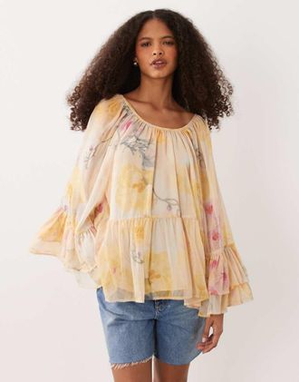 Vero Moda Vorn gebundene Boho-Bluse mit pastellfarbenem Blumenmuster-Mehrfarbig