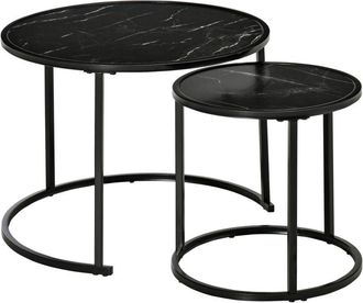 HOMCOM Homcom - Lot de 2 tables basses rondes gigognes empilables m&eacute;tal noir aspect marbre noir