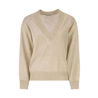 Brunello Cucinelli V-Ausschnitt Pullover - - Knitwear - Damen - Beige - L