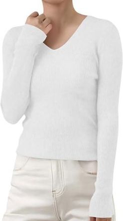 Generic Pull pour femme - Automne et hiver - Couleur unie - Col en V - Coupe ajust&eacute;e - Doux et confortable - Haut d&eacute;contract&eacute; &agrave; manches longues - Chemisier ex
