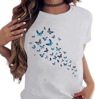Keephen Papillon avec Fleurs T-Shirt Femmes Esth&eacute;tique Papillon Impression 3D T-Shirt Manches Courtes Col Rond Streetwear Dames &Eacute;t&eacute; Mignon Tops