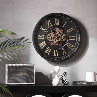 Wall-Art 46cm große Zahnrad Wanduhr industrielle Wohnzimmeruhr XXL Vintage Metalluhr bewegliche Zahnräder (Römische Ziffern, schwarz Gold)
