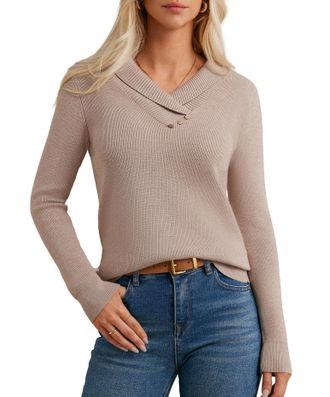 Grace Karin Damen Langarm Business Strickpullover Vintage Klassisch Basic Pullover Solid Farbe Locker Passform Shirts Aprikose L