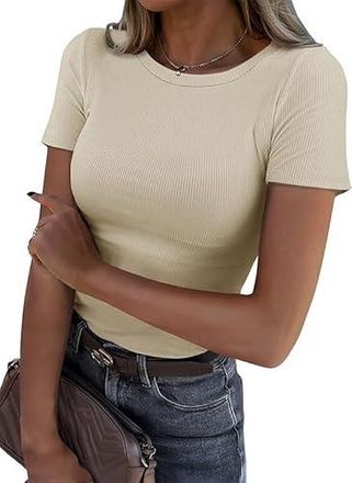 Generic Chemises &agrave; manches courtes en tricot c&ocirc;tel&eacute; pour femme, tenues d&eacute;t&eacute; tendance, T-shirts basiques en tricot c&ocirc;tel&eacute; &agrave; encolure d&eacute;gag&eacute;e, ecru, XXL