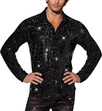 Generic Chemise &agrave; paillettes pour homme - &Agrave; manches longues et paillettes - Costume disco des ann&eacute;es 70 et 80 - Style r&eacute;tro - Pour f&ecirc;te, discoth&egrave;que, nouvel a