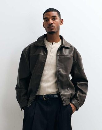 Hollister bomber oversize en imitation cuir marron fonc&eacute;