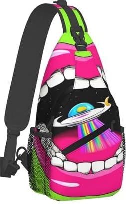Generic Polyester Sacoche Bandouliere L&egrave;vres mignonnes avec un dessin dextraterrestre ou dOVNI Sling Bag Casual Sac &agrave; Dos Militaire pour &eacute;cole Homme Femme