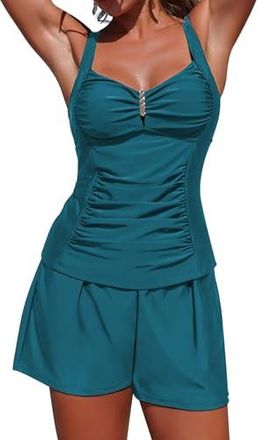 Generic Maillot de bain tankini pour femme - Maillot de bain deux pi&egrave;ces avec short de bain pour femme - Grande taille - Manches courtes - Coupe ample, bleu c