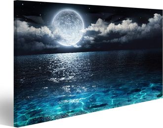 Islandburner Bild auf Leinwand Romantischen Und Malerischen Panorama Mit Vollmond Am Meer Bis In Die Nacht Wandbild Poster Kunstdruck Bilder