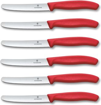 Victorinox by Swiss Army Swiss Classic, Fr&uuml;hst&uuml;cksmesser, Br&ouml;tchenmesser, Scharfe Klinge, Wellenschliff, 11 cm, Kunststoffgriff, Rostfreier Stahl, Set 6teilig, Rot