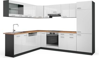 Vicco Eckküche R-Line, Weiß Hochglanz/Anthrazit, 227 x 287 cm, AP Eiche