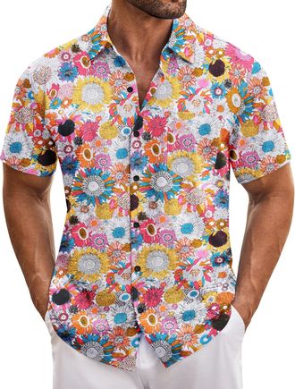 Coofandy Herren Hawaii Hemd Kurzarm Casual Sonnenblume Hawaii Hemden Männer Button Down Hawaiihemd Urlaub Regular Fit Sommerhemd PAT1 XXL