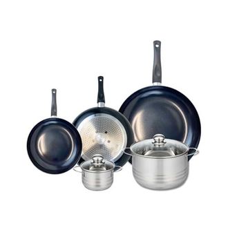Fackelmann ELO 9744150 Batterie de cuisine 5 pièces, Ensemble de 3 Poêles de cuisson 20, 24 et 32 cm et 2 faitouts 12 et 20 cm Elo Prima Brillant, inox, inductio