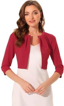 Allegra K Bol&eacute;ro en Mousseline Femme Blazer Court de Bureau &agrave; Haussement d&Eacute;paules et &agrave; Manches 3/4 Cardigan L&eacute;ger Court Pliss&eacute; sans Col Rouge XL