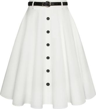 Belle Poque Jupe trapèze évasée pour femme - Vintage - Taille haute - Avec poches et ceinture, Blanc., XL