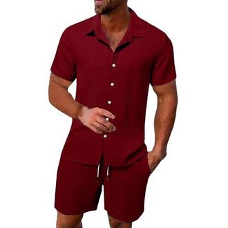Generic Surv&ecirc;tement baggy pour homme - Couleur unie - 2 pi&egrave;ces - T-shirt &agrave; manches courtes - Short de plage - Short court - Tenue de loisirs, Bordeaux, L