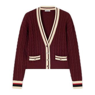 Motivi Kurze Strickjacke mit Zopfmuster und gestreiften Borten - - Knitwear - Damen - Rot - L