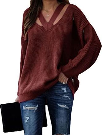 ORANDESIGNE Pull Femme à Col en V Couleur Unie Sexy Creux en Maille Tricot Manches Longues Chaud Lâche Grande Taille Automne Hiver A Café 3XL