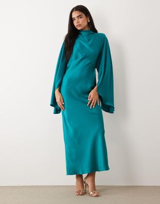 Asos Robe longue satin&eacute;e &agrave; col chemin&eacute;e et manches oversize - Turquoise-Bleu