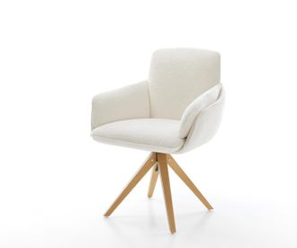 DELIFE Drehstuhl Luan-Flex mit Armlehnen Boucl&eacute; Soft Beige Holzgestell kantig Natur 360&deg; drehbar, Esszimmerst&uuml;hle