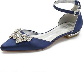 Generic Chaussures Plates De Mariée À Bout Pointu pour Femmes Mariage Plates Robe Talons Bas Bride Cheville Plates 2Cm,Dark Blue,36 EU