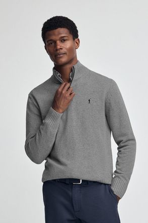 Polo Club Pullover grau meliert aus Wollgemisch mit halbem Rei&szlig;verschluss und gesticktem Rigby Go-Logo