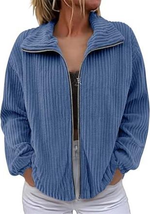 Generic Veste en velours côtelé pour femme avec revers et fermeture éclair intégrale - Manteau léger pour lautomne et lhiver, bleu, XXL