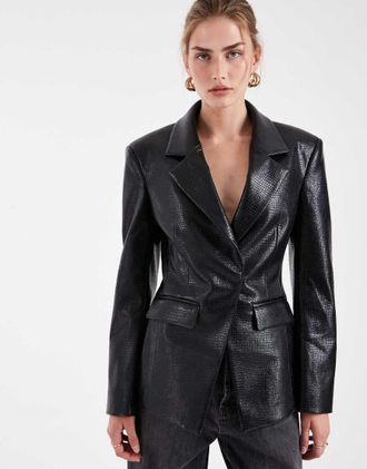 Asos Blazer ajust&eacute; en similicuir fa&ccedil;on croco - Noir
