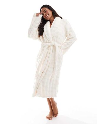 Loungeable Peignoir mi-long en polaire textur&eacute; avec col ch&acirc;le - Cr&egrave;me-Blanc
