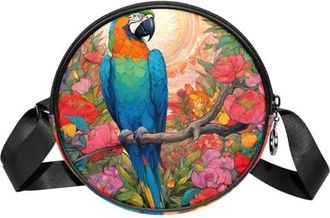Generic Petit sac &agrave; bandouli&egrave;re rond pour femme, motif perroquet avec fermeture &eacute;clair, bretelles r&eacute;glables, sac &agrave; main rond d&eacute;contract&eacute; pour femmes et filles