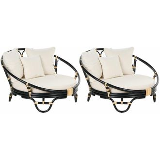 Beliani Sonneninsel 2er Set Schwarz Rattan mit Auflagen Beige Stoff Rund Boho Gartenmuschel Rattaninsel Loungem&ouml;bel Outdoor Garten Terrasse Ausstattung
