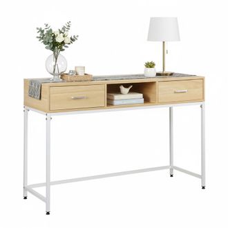 Relaxdays Console Relaxdays HxLxP 80x120x40 cm, 2 tiroirs, entr&eacute;e & salon, design scandinave, m&eacute;tal/MDF, blanc/naturel