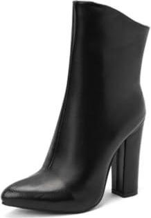 Generic Bottines pour Femmes Bout Pointu Talons carrés épais Cuir métallisé Brillant Fermeture éclair latérale Soirée Soirée Bal Chaussures habillées,Noir,37 