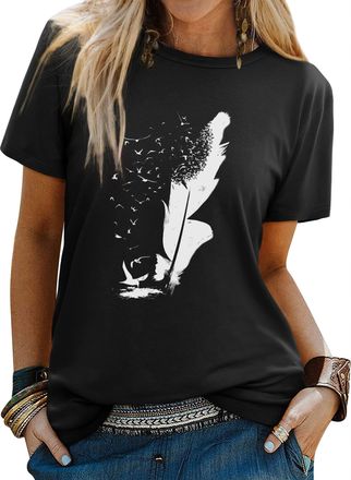 Dresswel Damen Friedenstaube Feder Druck T-Shirt Kurzarm Rundhals Oberteile Sommer Tops Tee Shirts Bluse