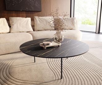 DELIFE Couchtisch Edge Rund 100x100 cm Keramik Laminam Noir Desir Braun Trive Metall Schwarz, Couchtische