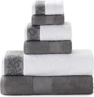 Modern Threads 6-teiliges Handtuch-Set mit filgree-Jacquard-Bord&uuml;re, 600 g/m&sup2;, Anthrazit