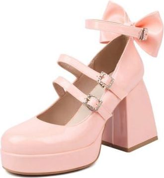 Generic Femmes Plate-Forme Bloc Talon Mary Jane Chaussures Bowknot Dos Cheville Sangle avec Strass Boucles Élégant Robe Escarpins,Rose,38.5 EU