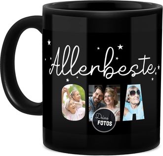 Tassendruck Schwarze Tasse mit Spruch - Allerbeste Oma - Zum Selbst Gestalten mit Foto-Collage für 3 Fotos, Geschenk für Oma, Geburtstag, Muttertag | 300 ml, Pers