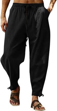 Generic Pantalon en lin mélangé de coton et de lin avec cordon de serrage pour homme - Pantalon décontracté respirant à lacets à la cheville - Pantalon de yog