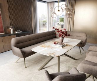 DELIFE Esszimmerbank Taya-Flex 285x190 cm Strukturstoff Soft Taupe Kreuzgestell kantig Effektfinish Titan Taschenfederkern Links, B&auml;nke