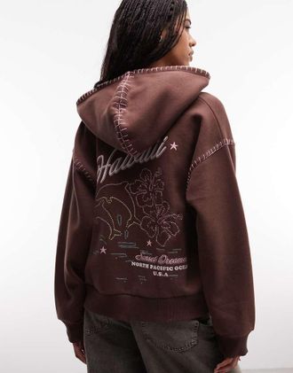 Daisy Street Sweat &agrave; capuche oversize et zipp&eacute; &agrave; points de feston et broderies fleuries - Marron
