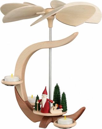 Seiffener Volkskunst Pyramide C-Form mit Weihnachtswichtel mit Schlitten, Höhe 30 cm, original Erzgebirge