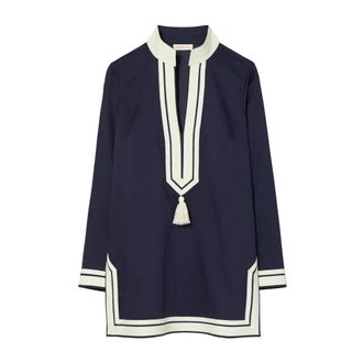 Tory Burch Femme, Robes, Bleu, Taille: 42 FR Robe Chemise &agrave; Col U et Pompons