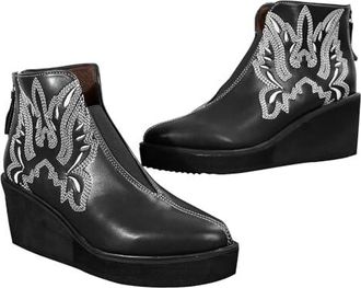 Generic Bottines compens&eacute;es pour femme - Bottines western avec d&eacute;tails brod&eacute;s et fermeture &eacute;clair &agrave; larri&egrave;re - Cuir synth&eacute;tique - Semelle antid&eacute;rapante - Pour