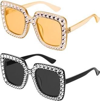 Generic Lot de 2 paires de lunettes de soleil carr&eacute;es &eacute;tincelantes r&eacute;tro &agrave; monture &eacute;paisse pour femme, tendance, glamour et protection UV, Fauve noire et tran
